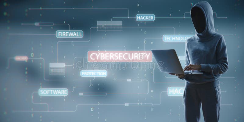 Hacker Standing And Using Laptop Computer With Glowing Hacking Hologram With Binary Code And