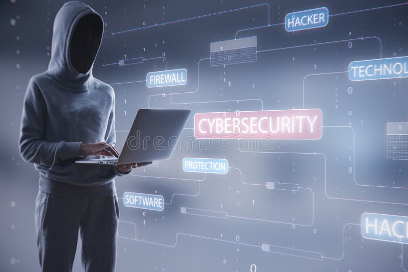 Hacker Standing And Using Notebook With Glowing Hacking Hologram With Binary Code And Lines