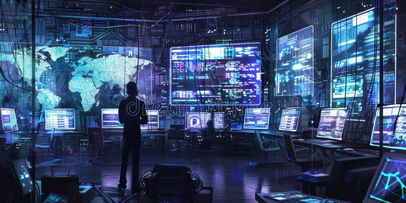 A Lone Hacker Stands In A Dark Room Surrounded By Screens Displaying Code And Data Stock