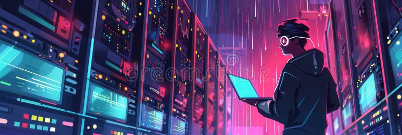 A Hacker Stands in a Vibrant, Illuminated Server Room, Focused on a ...