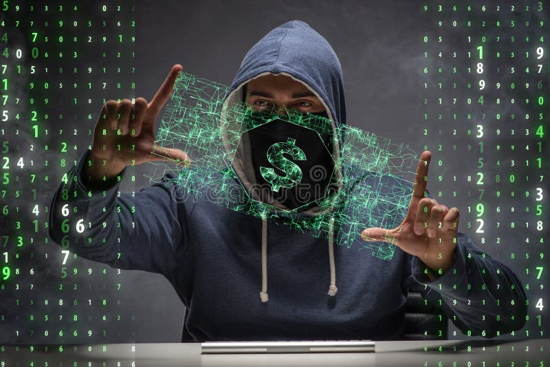 The Hacker Stealing Dollars from Bank Stock Image - Image of hacker ...