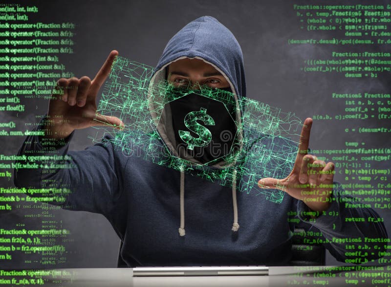 Hacker Stealing Dollars from Bank Stock Photo - Image of code, cash ...
