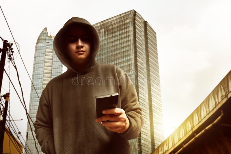 Hacker in the city stock photo. Image of night, dangerous - 83410586