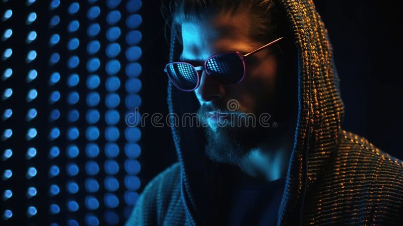 Hacker in a Sunglasses on Blue Digital Background. Generative Ai Stock ...