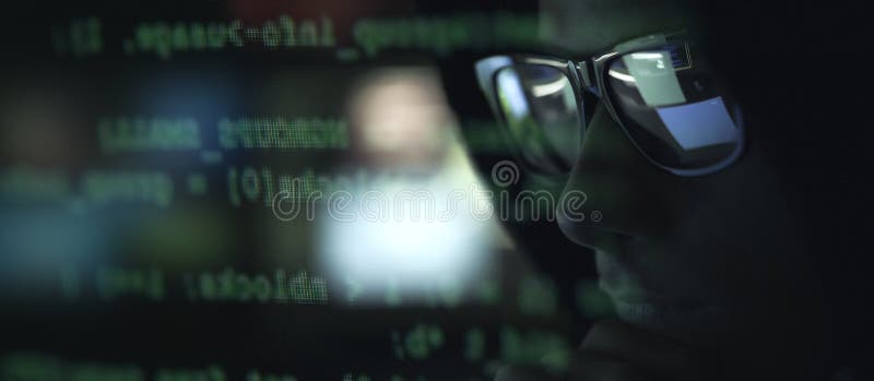 Hacker with Sunglasses and Code on the Screen Stock Image - Image of ...