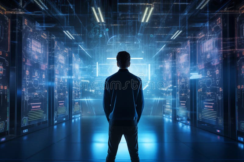 Hacker or Support Engineer in Server Room Stock Illustration ...