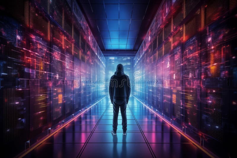 Hacker or Support Engineer in Server Room Stock Photo - Image of dark ...
