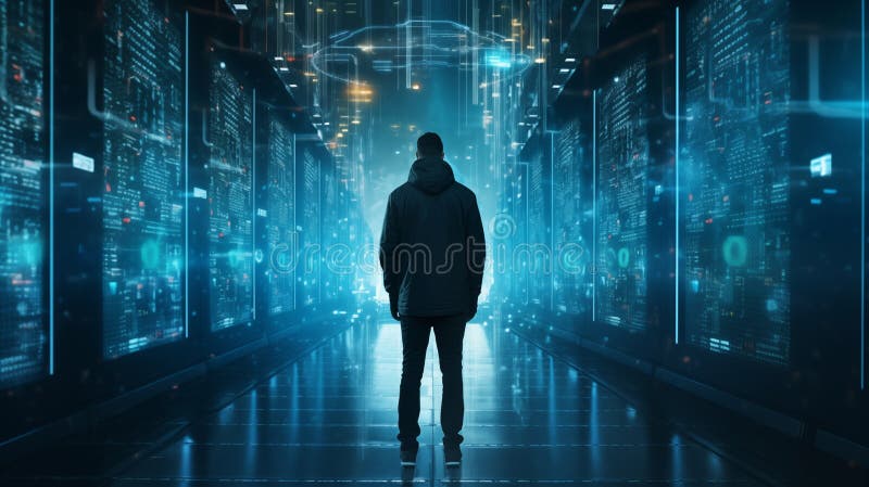 Hacker or Support Engineer in Server Room Stock Photo - Image of ...