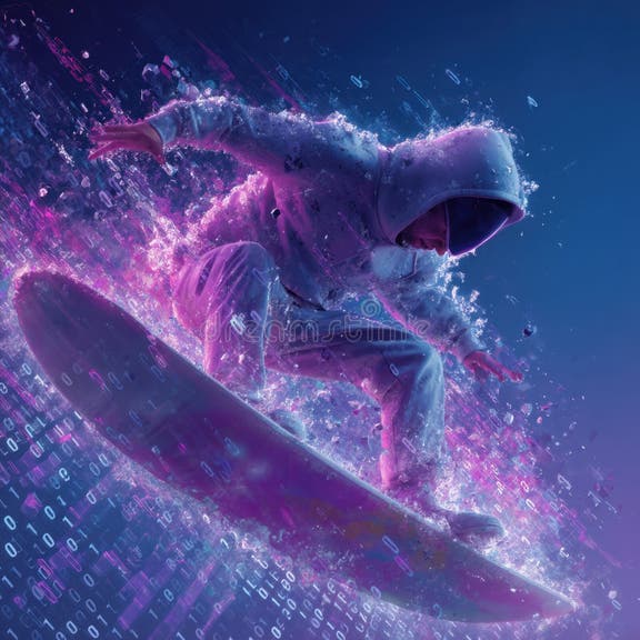 Hacker Surfing the Digital Wave of Binary Code, Cybersecurity Concept ...