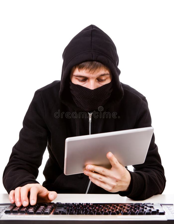 Hacker with a Tablet stock photo. Image of mobile, desk - 142149850