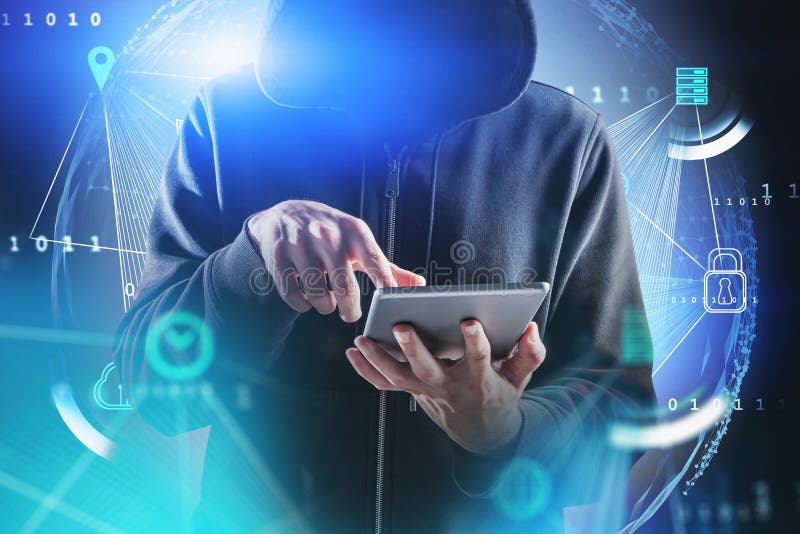 Hacker with Tablet, Graphical User Interface Stock Photo - Image of ...