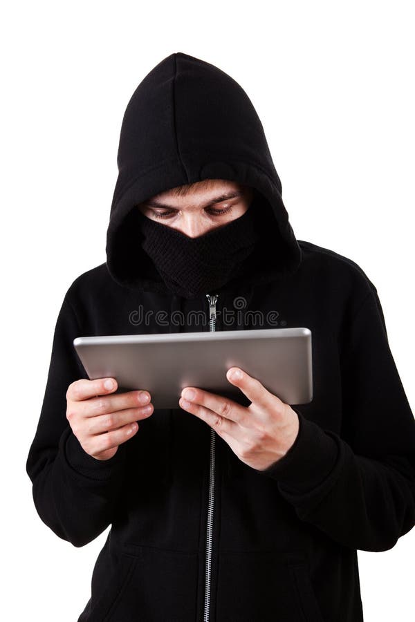 Hacker With Tablet PC Initiating Cyber Attack, On Black Stock Image ...