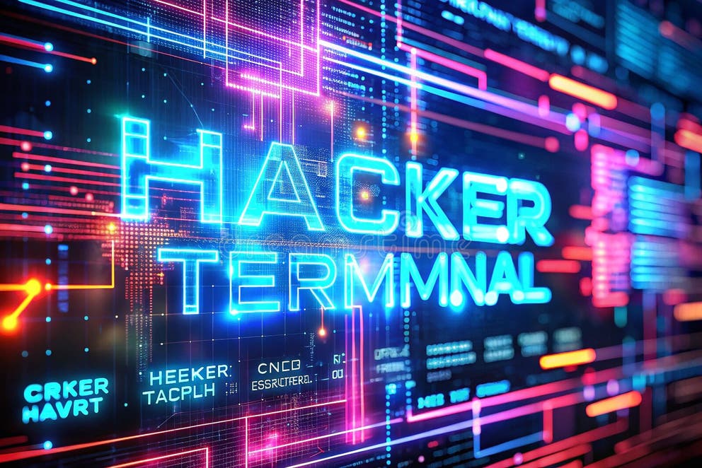 Hacker Terminal Interface with Neon Glow Background Stock Illustration ...