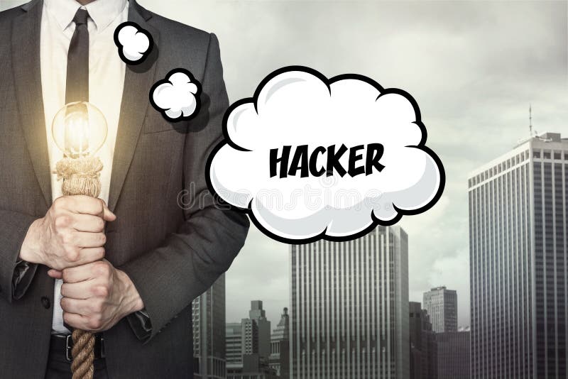 Hacker Text on Speech Bubble with Businessman Stock Photo - Image of ...