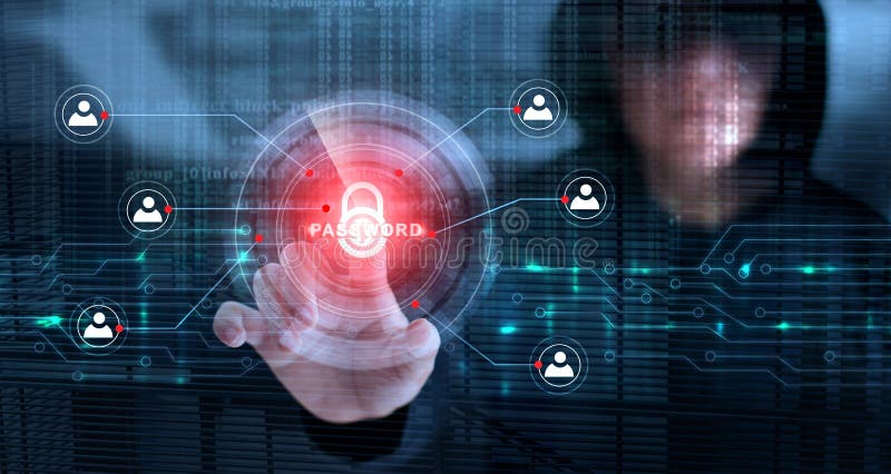 Hacker Touching Lock Icon And Password With Binary Code Screen Stock