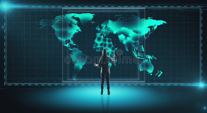 Hacker Touching Virtual Screen with Digital World Map Stock Photo ...