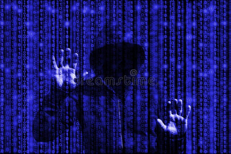 Hacker With Blue Glowing Mask Behind Notebook Laptop In Front Of Green Source Binary Code ...