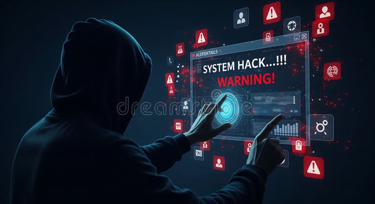 Cybersecurity Threat Warning: Hooded Hacker Triggering System Alert (Generated with AI) Stock ...
