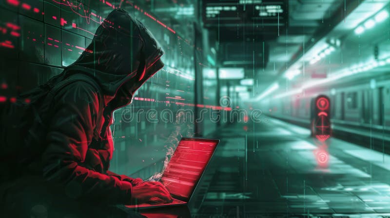 A Hacker Types on a Laptop in a Dimly Lit Metro Station, Highlighting ...