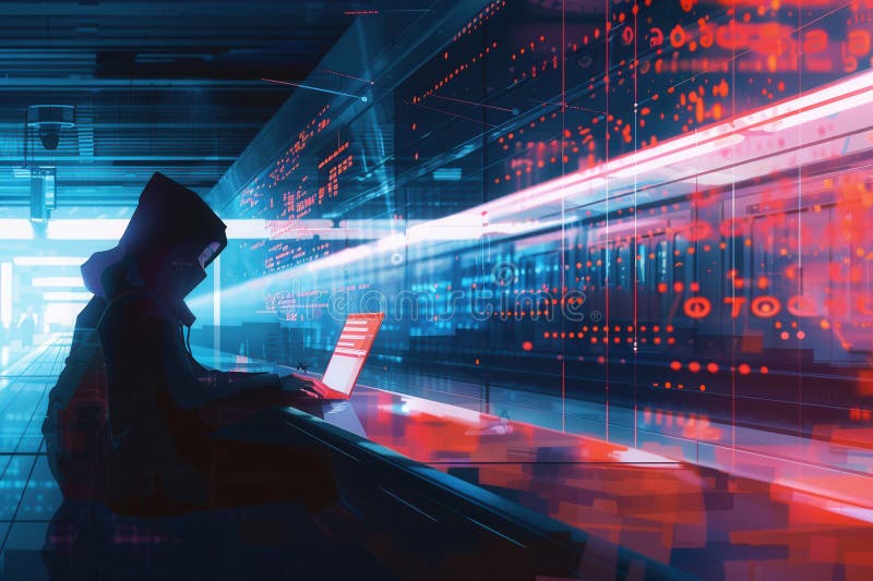 A Hacker Types on a Laptop in a Metro Station, Highlighting the Risks ...