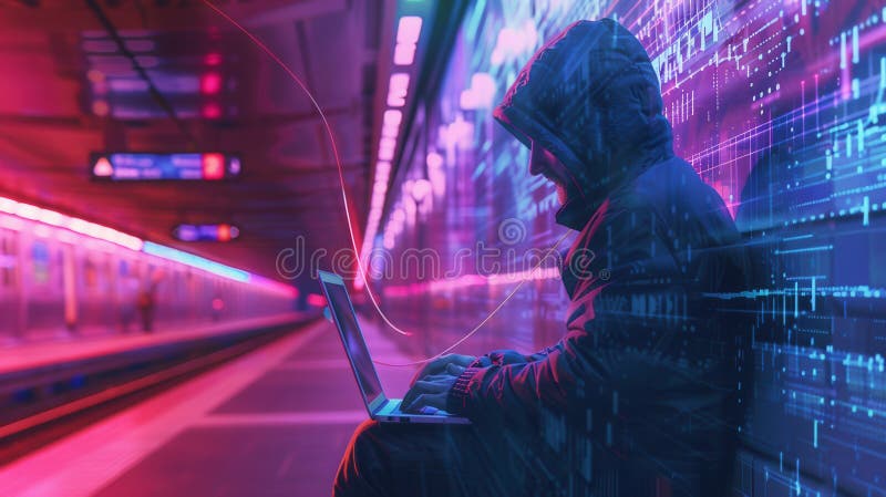 A Hacker Types on a Laptop in a Metro Station, Illustrating the ...