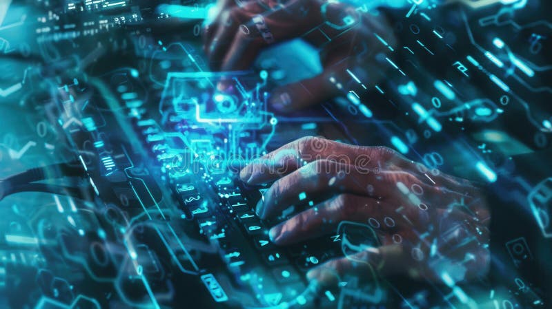 A Hacker Types Swiftly on a Keyboard As Digital Symbols and Codes Hover in the Air, Creating an ...