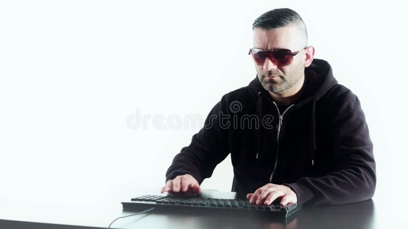 Hacker Typing on Computer Keyboard, Man in Black, White Background ...