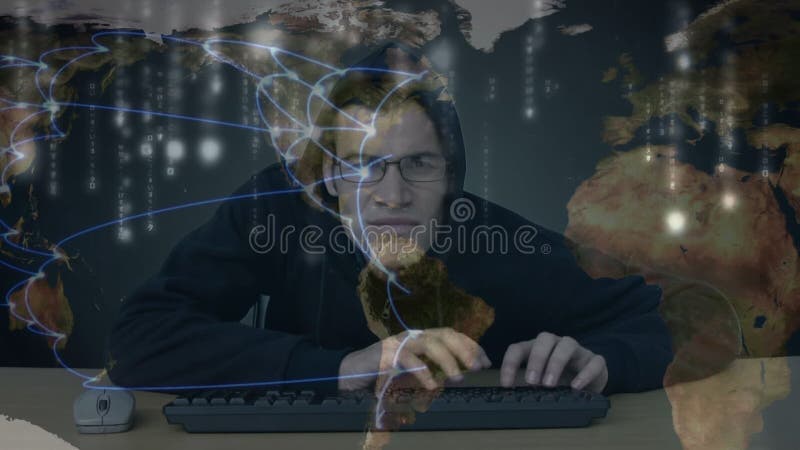 Hacker Typing Keyboard with Cyber Spying Symbol Hologram Screen Stock ...