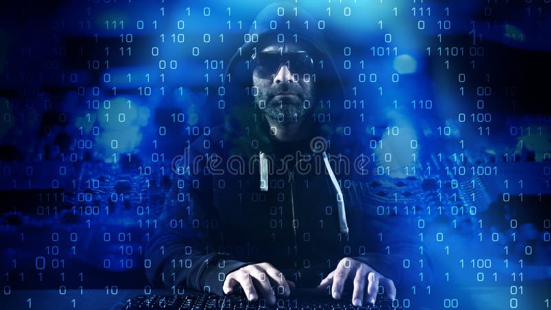 Hacker Typing On Keyboard Blue Binary Background Stock Image Image Of
