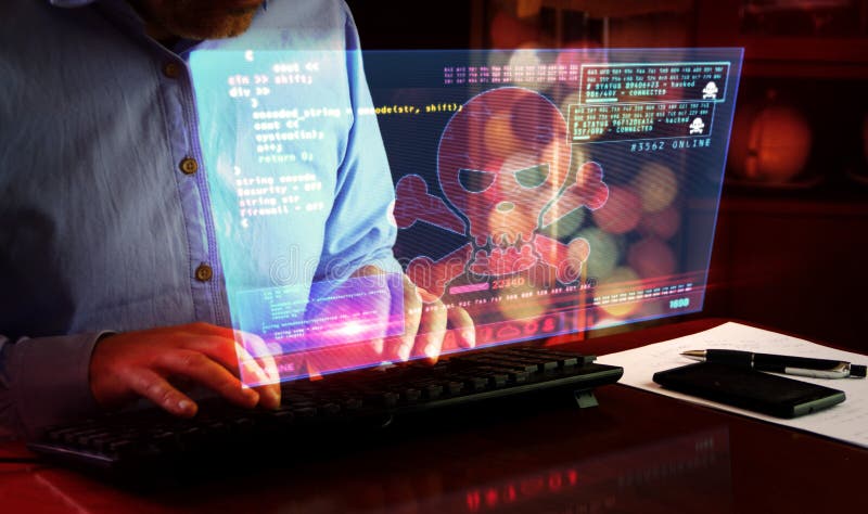 Hacker Typing On Keyboard With Breaking Security And Code On Hologram