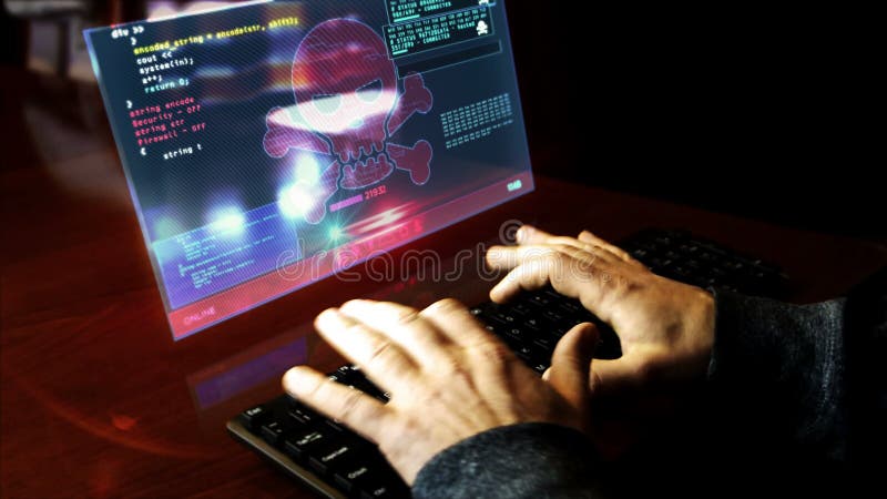 Hacker Typing On Keyboard With Breaking Security And Code On Hologram