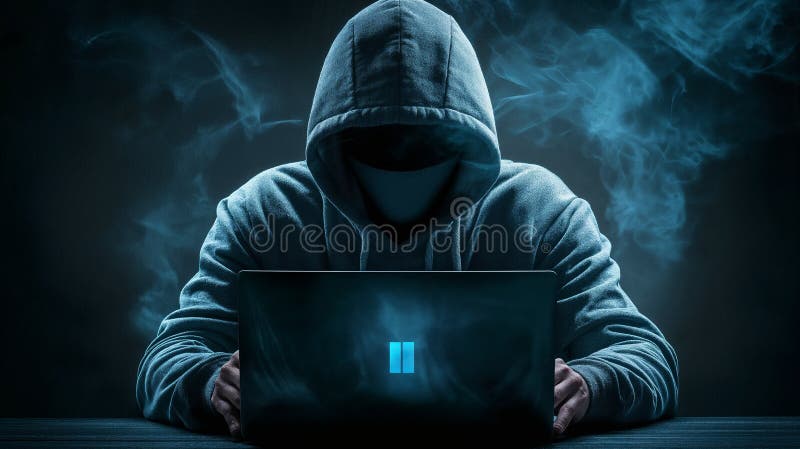 Hacker Typing On The Keyboard Of A Computer In A Dark Room Stock