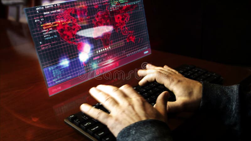 Hacker Typing Keyboard with Earth Globe Map Hologram Screen Stock Video ...