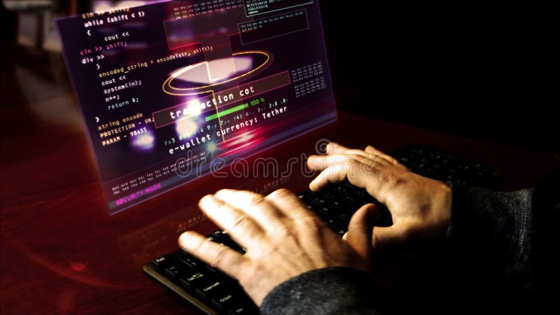 Hacker Typing Keyboard with Earth Globe Map Hologram Screen Stock Video ...