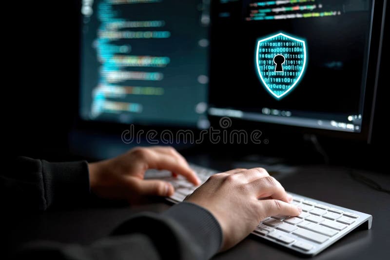 Hacker Typing on Keyboard, Security Shield Monitor, Binary Code, Data Protection Stock ...