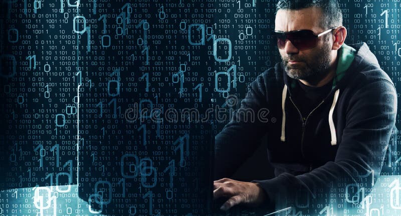 Hacker Typing On Laptop Computer Keyboard Binary Code Background Stock
