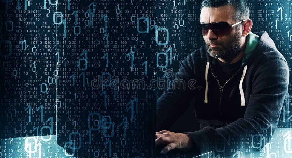 Hacker Typing on Laptop Computer Keyboard Binary Code Background Stock Image - Image of password ...
