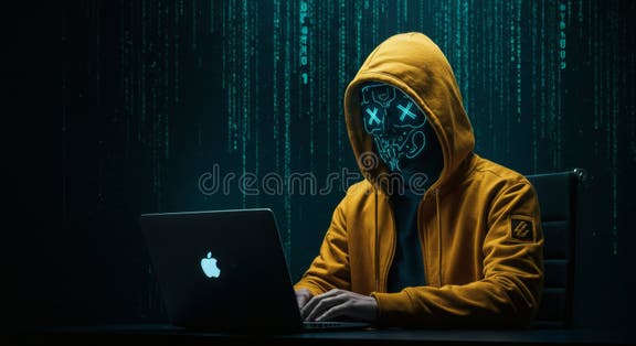 Hacker Typing on Laptop with Mask and Binary Code Background Stock ...