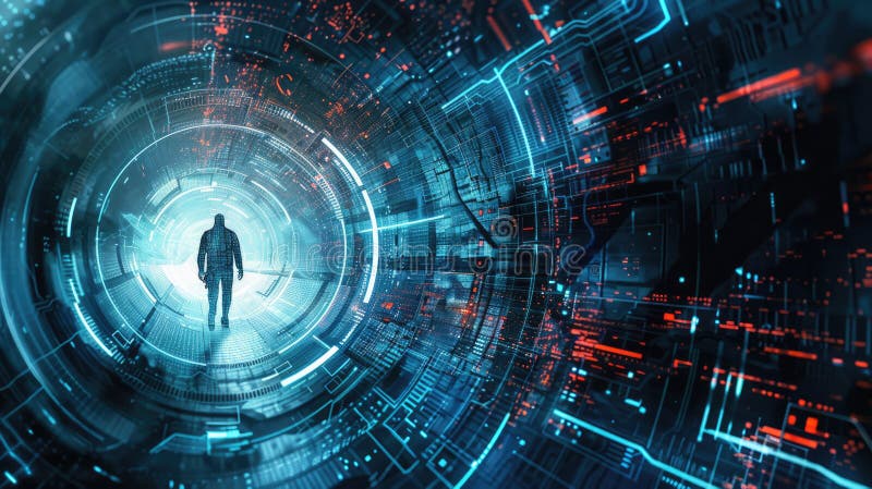 Hacker or User on Tech Background, Person Walks in Digital Data Tunnel ...