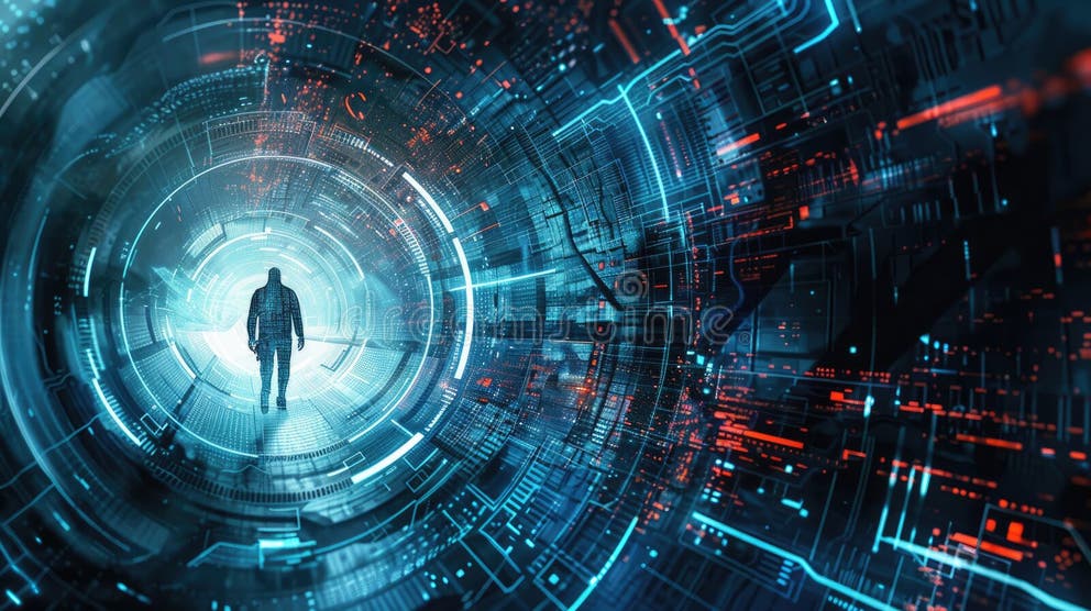 Hacker or User on Tech Background, Person Walks in Digital Data Tunnel ...