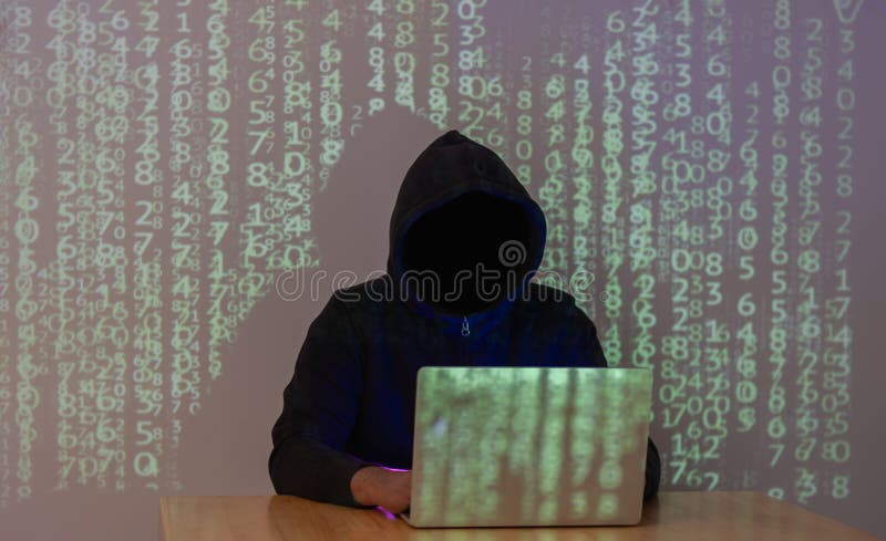 Hacker Using Abstract Laptop with Binary Code Digital on Background Stock Photo - Image of ...
