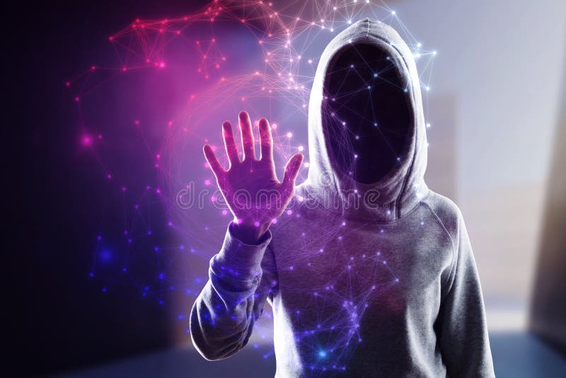 Hacker Using Abstract Polygonal Circles Interface on Blurry Purple ...