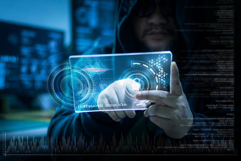 Hacker Using Clear Tablet With Hud Panel And Code Graph Bar Data Stock Image Image Of Concept