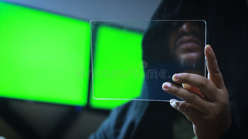 Hacker Using Clear Tablet With Hud Panel And Code Graph Bar Data Stock Footage Video Of