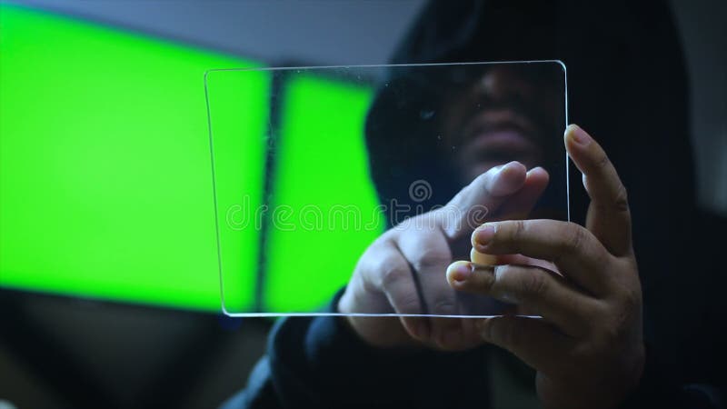 Hacker Using Clear Tablet With Hud Panel And Code Graph Bar Data Stock