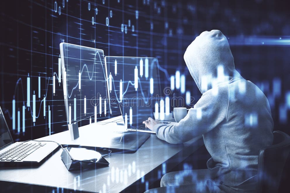Hacker Using Computer with Business Chart Stock Image - Image of double ...