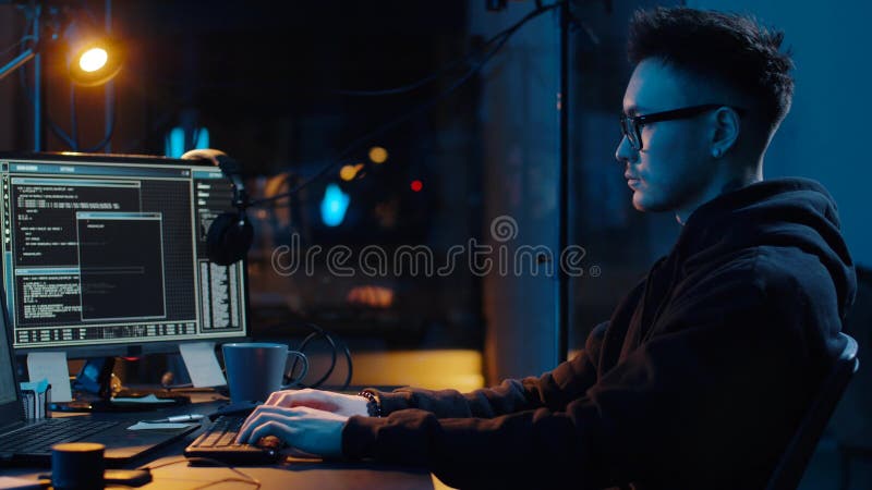 Hacker Using Computer for Cyber Attack at Night Stock Footage - Video ...