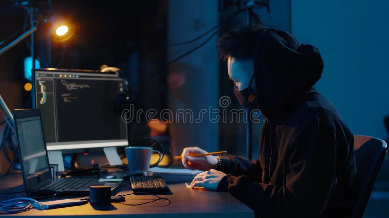 Hacker Using Computer for Cyber Attack at Night Stock Footage - Video ...