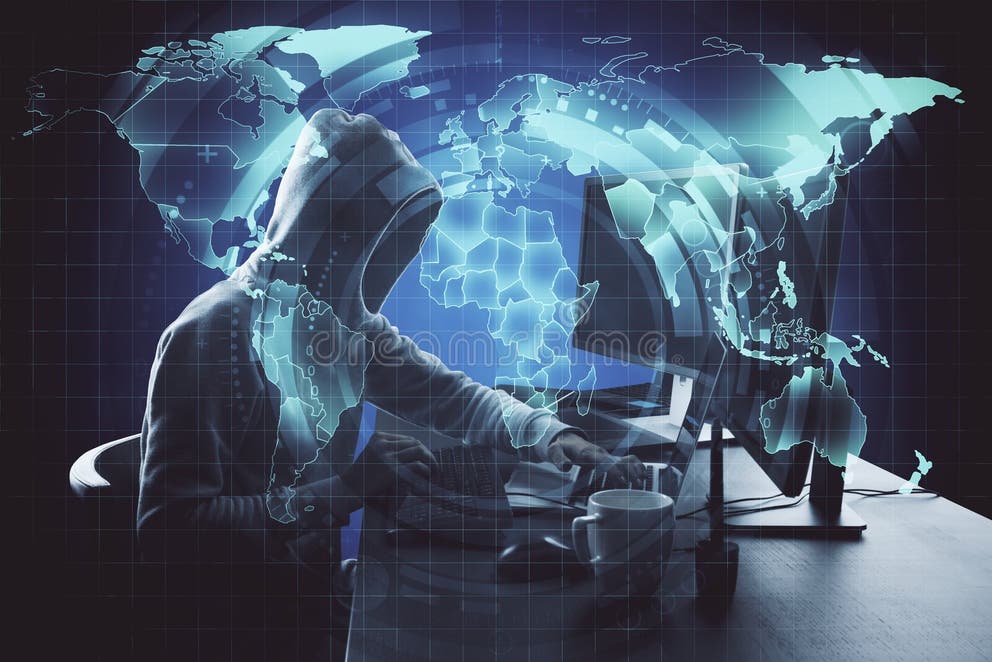 Hacker Using Computer with Digital World Map Hologram Stock Photo ...