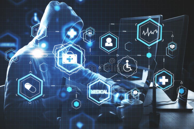 Hacker Using Computer with Glowing Blue Medical Interface Stock Photo ...